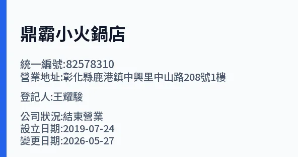 鼎霸小火鍋店的照片-統編 82578310(彰化縣) 公司登記資料與營業項目詳細圖表
