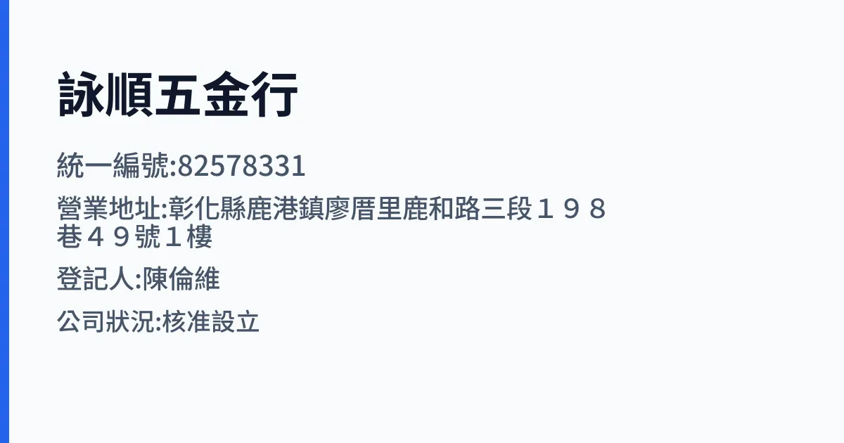 詠順五金行 - 統編 82578331(彰化縣) 公司登記資料與營業項目詳細圖表