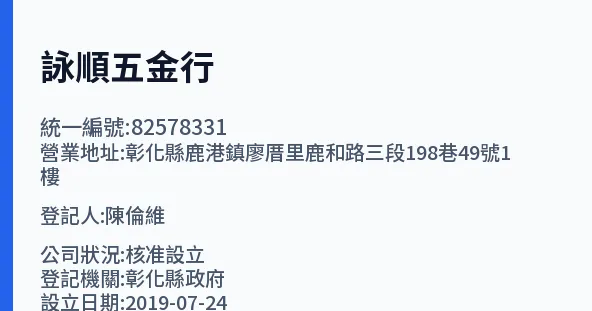 詠順五金行的照片-統編 82578331(彰化縣) 公司登記資料與營業項目詳細圖表
