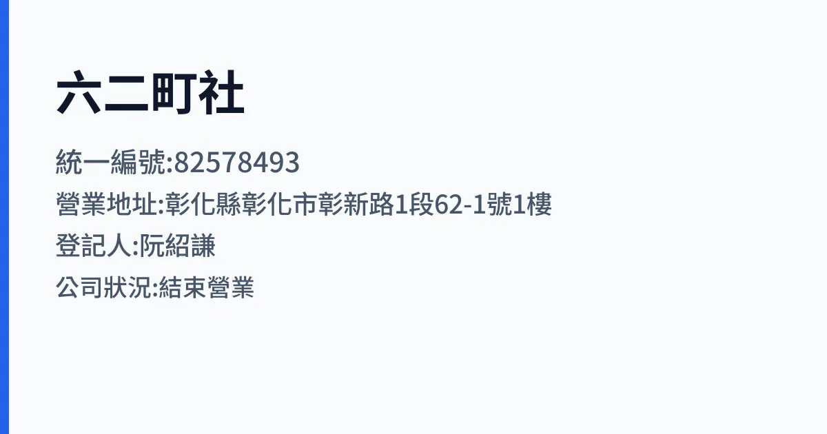 六二町社 - 統編 82578493(彰化縣) 公司登記資料與營業項目詳細圖表
