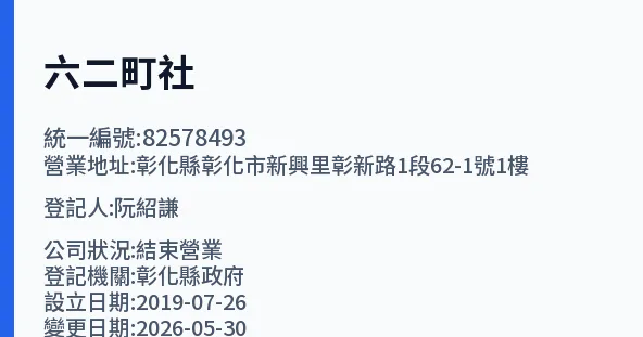六二町社的照片-統編 82578493(彰化縣) 公司登記資料與營業項目詳細圖表