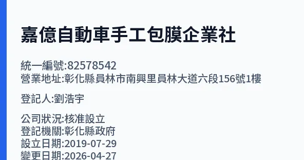 嘉億自動車手工包膜企業社的照片-統編 82578542(彰化縣) 公司登記資料與營業項目詳細圖表