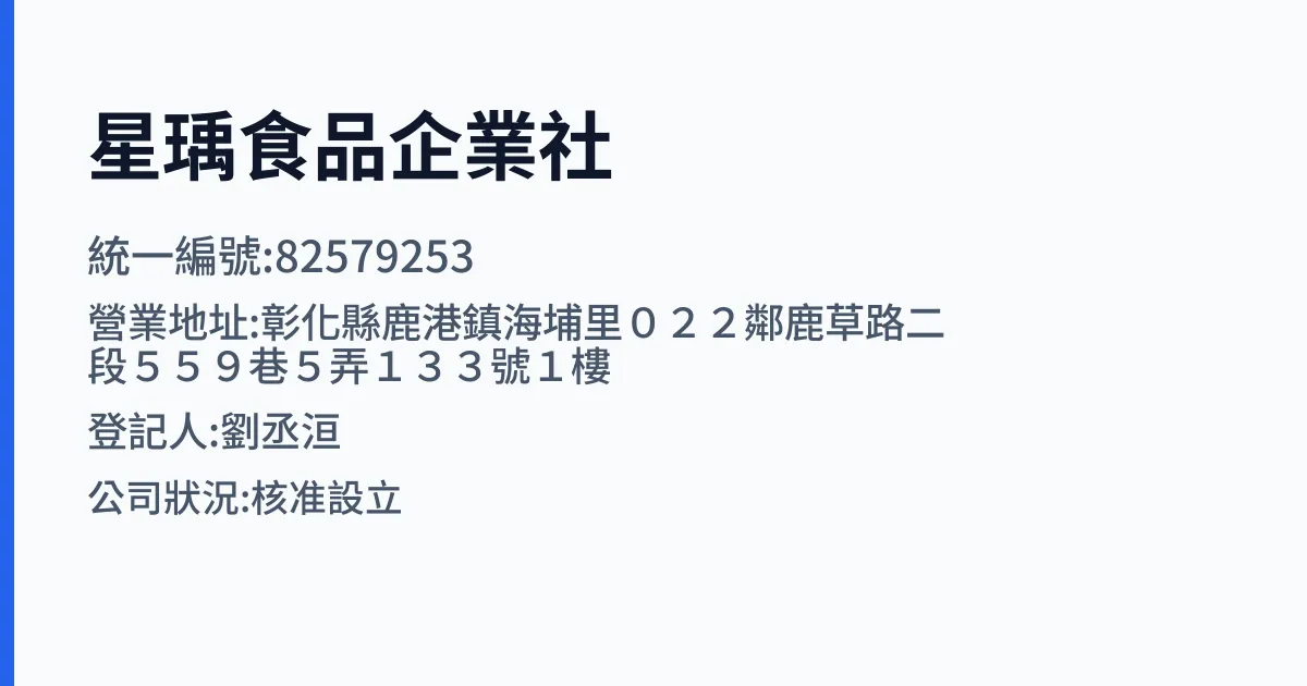 星瑀食品企業社 - 統編 82579253（彰化縣） 公司登記資料與營業項目詳細圖表