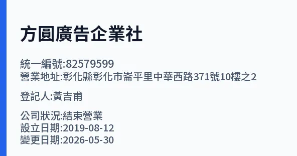 方圓廣告企業社的照片-統編 82579599(彰化縣) 公司登記資料與營業項目詳細圖表