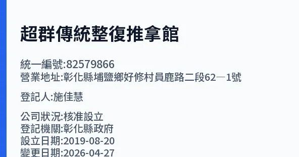超群傳統整復推拿館的照片-統編 82579866(彰化縣) 公司登記資料與營業項目詳細圖表