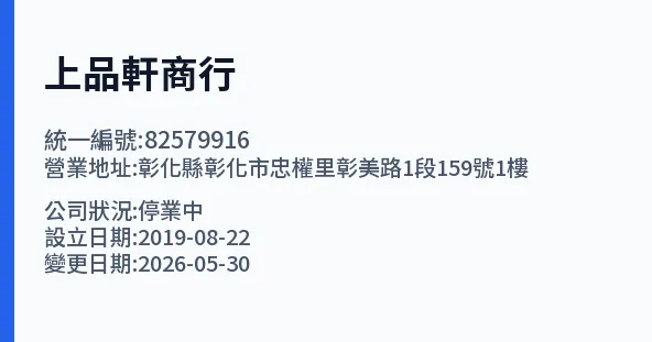 上品軒商行的照片-統編 82579916(彰化縣) 公司登記資料與營業項目詳細圖表