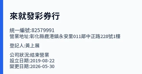 來就發彩券行的照片-統編 82579991(彰化縣) 公司登記資料與營業項目詳細圖表