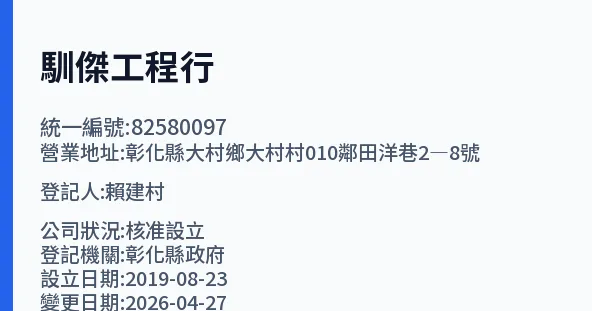 馴傑工程行的照片-統編 82580097(彰化縣) 公司登記資料與營業項目詳細圖表