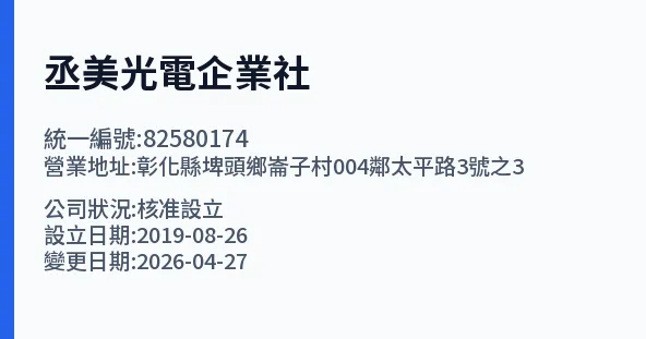 丞美光電企業社的照片-統編 82580174(彰化縣) 公司登記資料與營業項目詳細圖表