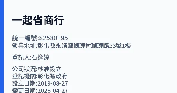一起省商行的照片-統編 82580195(彰化縣) 公司登記資料與營業項目詳細圖表