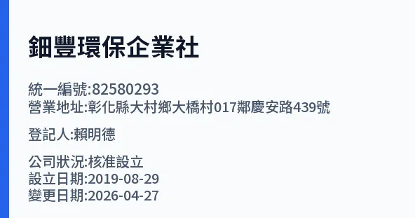 鈿豐環保企業社的照片-統編 82580293(彰化縣) 公司登記資料與營業項目詳細圖表