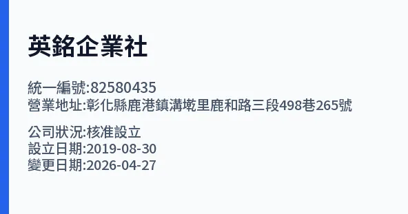 英銘企業社的照片-統編 82580435(彰化縣) 公司登記資料與營業項目詳細圖表