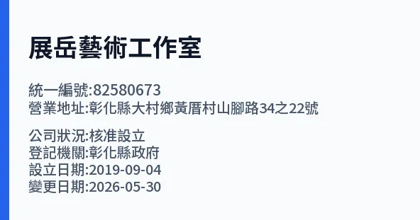 展岳藝術工作室的照片-統編 82580673(彰化縣) 公司登記資料與營業項目詳細圖表