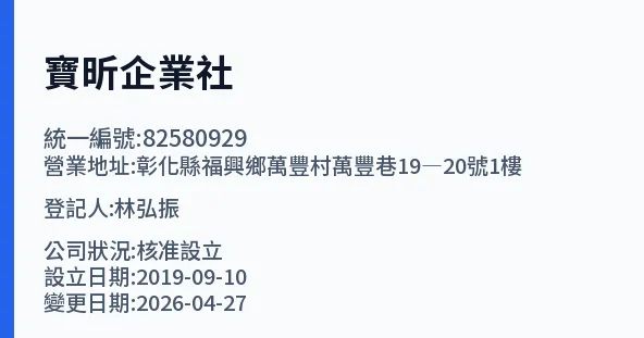 寶昕企業社的照片-統編 82580929(彰化縣) 公司登記資料與營業項目詳細圖表