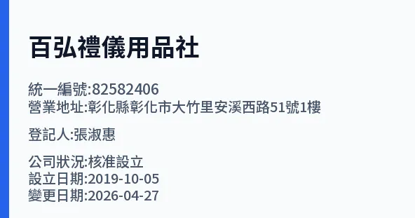 百弘禮儀用品社的照片-統編 82582406(彰化縣) 公司登記資料與營業項目詳細圖表