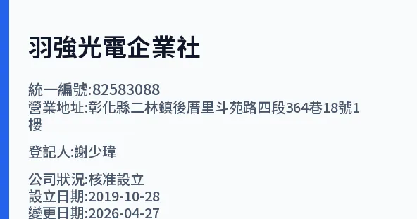 羽強光電企業社的照片-統編 82583088(彰化縣) 公司登記資料與營業項目詳細圖表