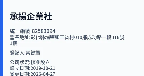 承揚企業社的照片-統編 82583094(彰化縣) 公司登記資料與營業項目詳細圖表