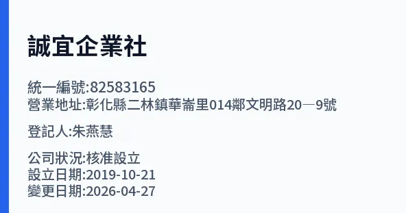 誠宜企業社的照片-統編 82583165(彰化縣) 公司登記資料與營業項目詳細圖表