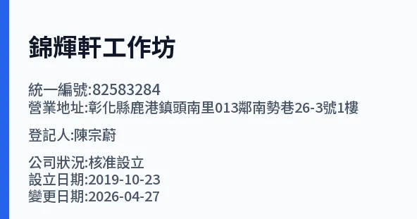 錦輝軒工作坊的照片-統編 82583284(彰化縣) 公司登記資料與營業項目詳細圖表