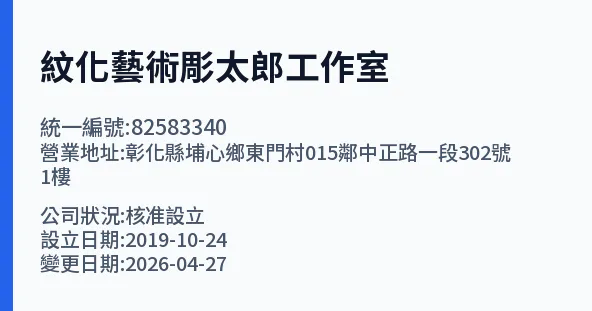 紋化藝術彫太郎工作室的照片-統編 82583340(彰化縣) 公司登記資料與營業項目詳細圖表