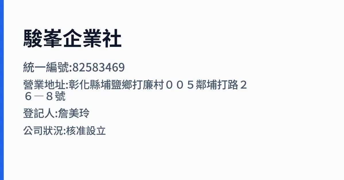 駿峯企業社 - 統編 82583469(彰化縣) 公司登記資料與營業項目詳細圖表