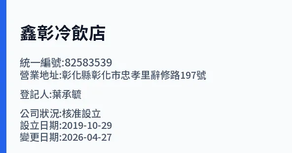 鑫彰冷飲店的照片-統編 82583539(彰化縣) 公司登記資料與營業項目詳細圖表