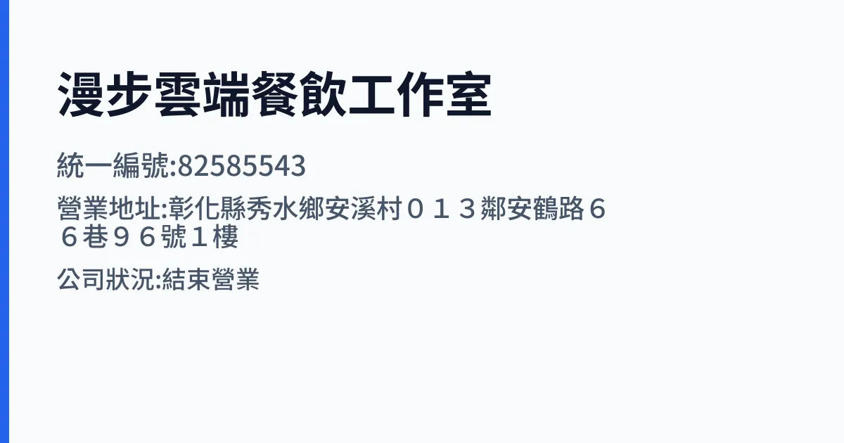 漫步雲端餐飲工作室 - 統編 82585543(彰化縣) 公司登記資料與營業項目詳細圖表