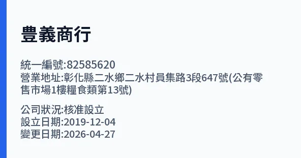 豊義商行的照片-統編 82585620(彰化縣) 公司登記資料與營業項目詳細圖表