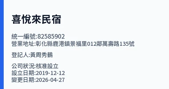 喜悅來民宿的照片-統編 82585902(彰化縣) 公司登記資料與營業項目詳細圖表