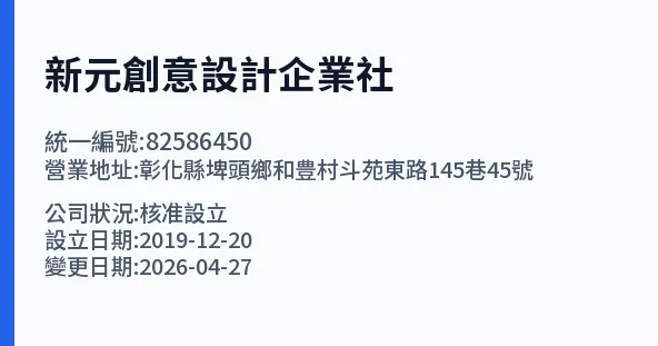 新元創意設計企業社的照片-統編 82586450(彰化縣) 公司登記資料與營業項目詳細圖表
