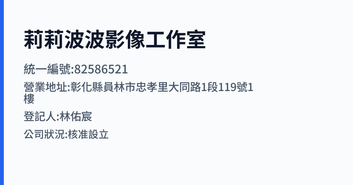 莉莉波波影像工作室 - 統編 82586521(彰化縣) 公司登記資料與營業項目詳細圖表