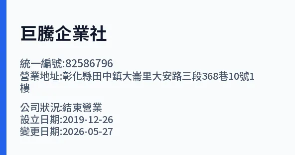 巨騰企業社的照片-統編 82586796(彰化縣) 公司登記資料與營業項目詳細圖表