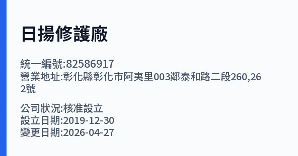 日揚修護廠的照片-統編 82586917(彰化縣) 公司登記資料與營業項目詳細圖表