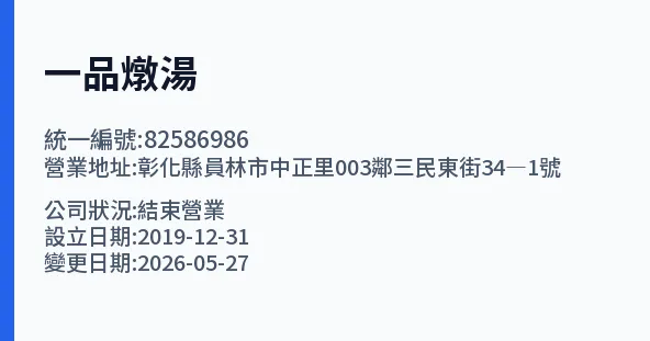 一品燉湯的照片-統編 82586986(彰化縣) 公司登記資料與營業項目詳細圖表