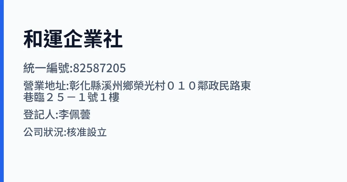 和運企業社 - 統編 82587205(彰化縣) 公司登記資料與營業項目詳細圖表