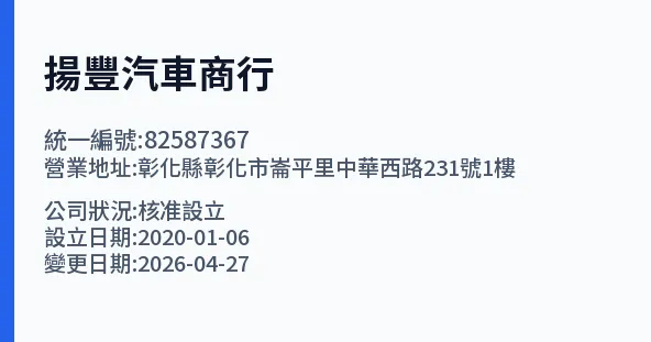 揚豐汽車商行的照片-統編 82587367(彰化縣) 公司登記資料與營業項目詳細圖表