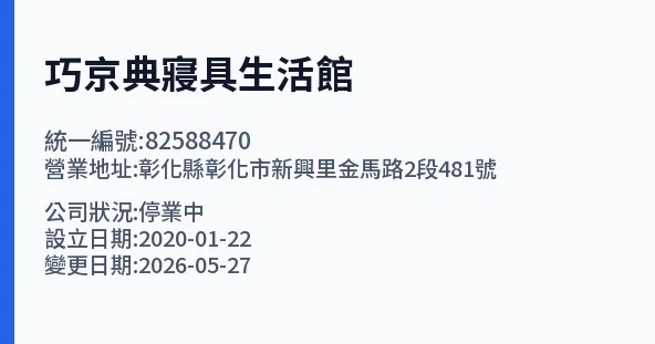 巧京典寢具生活館的照片-統編 82588470(彰化縣) 公司登記資料與營業項目詳細圖表
