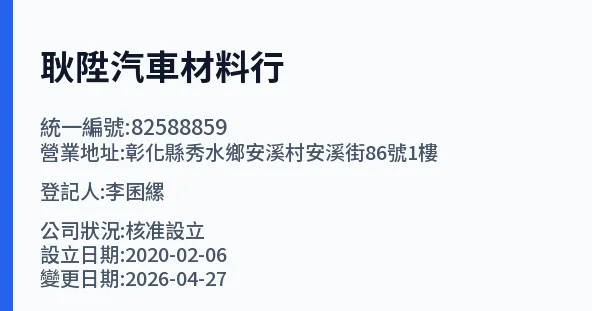 耿陞汽車材料行的照片-統編 82588859(彰化縣) 公司登記資料與營業項目詳細圖表