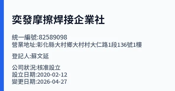 奕發摩擦焊接企業社的照片-統編 82589098(彰化縣) 公司登記資料與營業項目詳細圖表