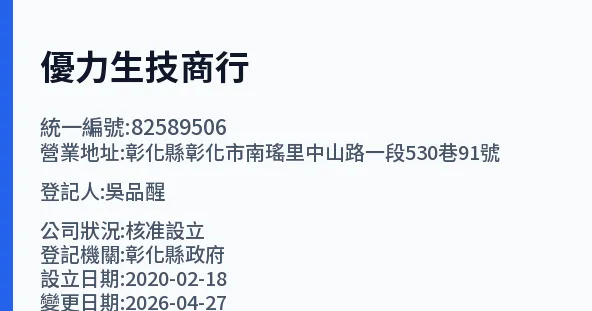 優力生技商行的照片-統編 82589506(彰化縣) 公司登記資料與營業項目詳細圖表