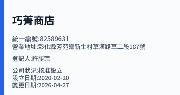巧菁商店的照片-統編 82589631(彰化縣) 公司登記資料與營業項目詳細圖表