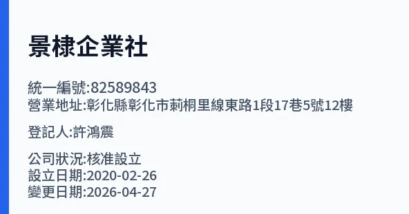 景棣企業社的照片-統編 82589843(彰化縣) 公司登記資料與營業項目詳細圖表