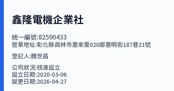 鑫隆電機企業社的照片-統編 82590433(彰化縣) 公司登記資料與營業項目詳細圖表