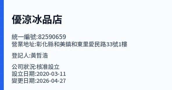 優涼冰品店的照片-統編 82590659(彰化縣) 公司登記資料與營業項目詳細圖表