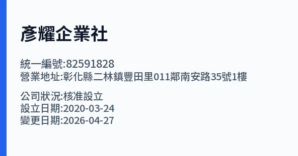 彥耀企業社的照片-統編 82591828(彰化縣) 公司登記資料與營業項目詳細圖表