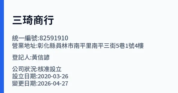 三琦商行的照片-統編 82591910(彰化縣) 公司登記資料與營業項目詳細圖表