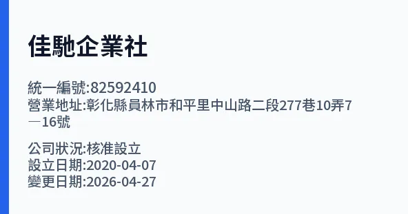 佳馳企業社的照片-統編 82592410(彰化縣) 公司登記資料與營業項目詳細圖表
