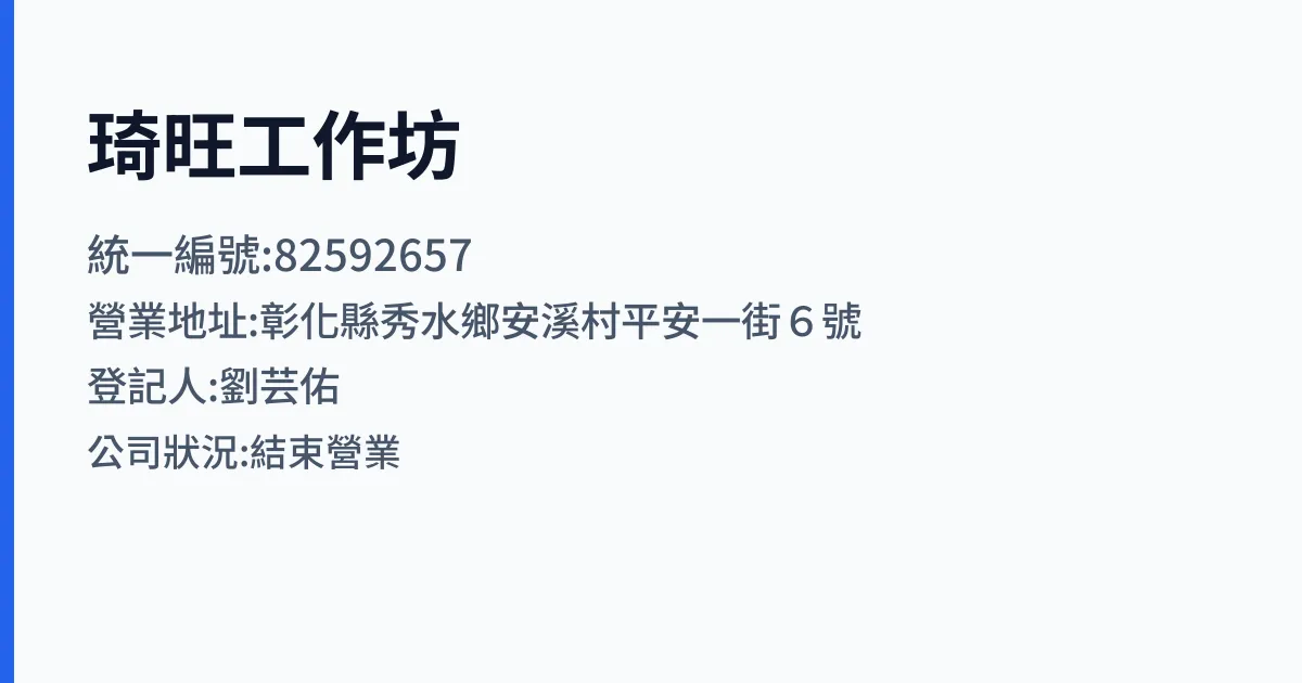 琦旺工作坊 - 統編 82592657(彰化縣) 公司登記資料與營業項目詳細圖表