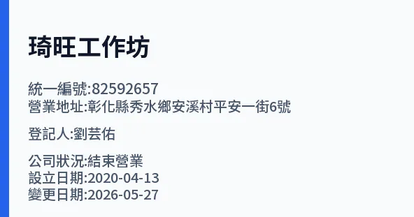 琦旺工作坊的照片-統編 82592657(彰化縣) 公司登記資料與營業項目詳細圖表