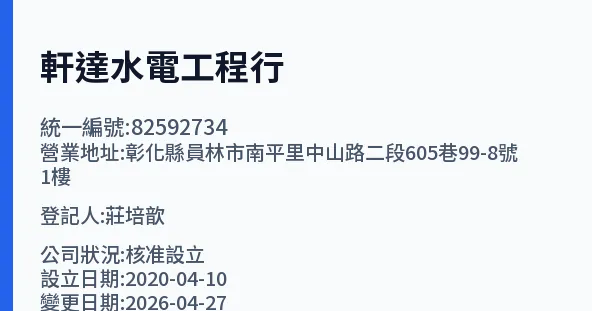 軒達水電工程行的照片-統編 82592734(彰化縣) 公司登記資料與營業項目詳細圖表